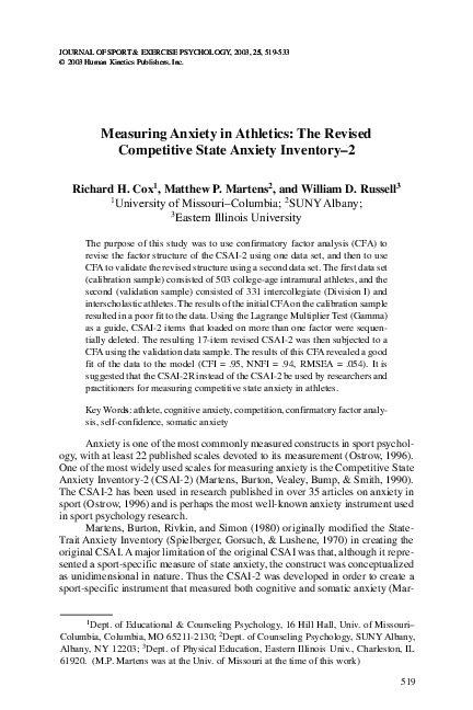 (PDF) Measuring anxiety in athletics: the revised competitive state anxiety inventory-2
