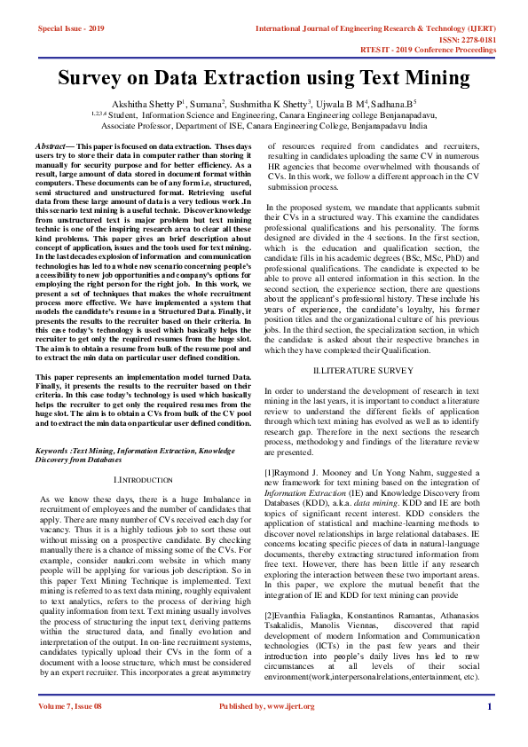 Pdf Ijert Survey On Data Extraction Using Text Mining