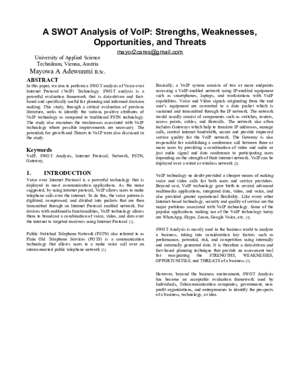 (DOC) A SWOT Analysis of VoIP: Strengths, Weaknesses, Opportunities ...