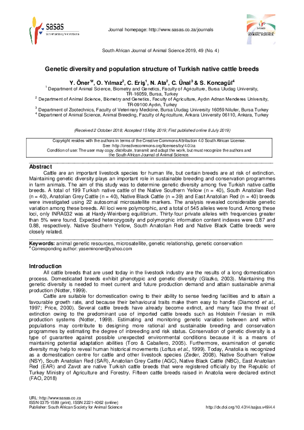 (PDF) Genetic diversity and population structure of Turkish native cattle breeds