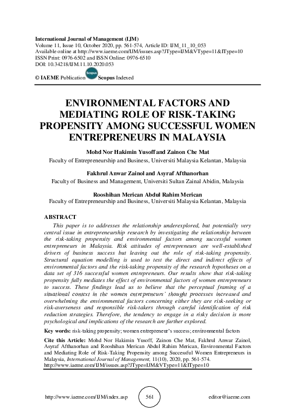 (PDF) ENVIRONMENTAL FACTORS AND MEDIATING ROLE OF RISK-TAKING ...