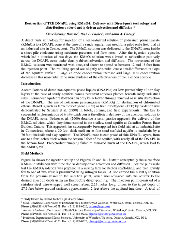 (PDF) Destruction of TCE DNAPL using KMnO4: Delivery with Direct-push ...