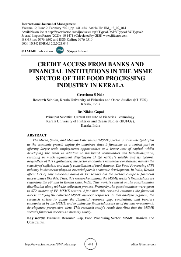 (PDF) CREDIT ACCESS FROM BANKS AND FINANCIAL INSTITUTIONS IN THE MSME ...
