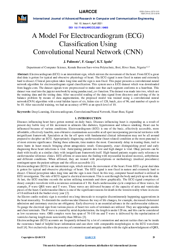 Pdf A Model For Electrocardiogram Ecg Classification Using Convolutional Neural Network Cnn