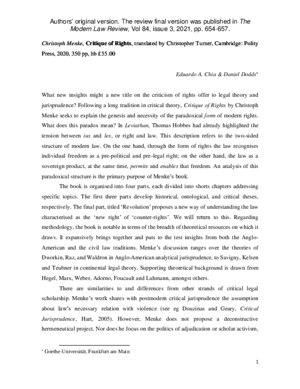 (PDF) [Book Review] Christoph Menke, Critique of Rights, translated by ...