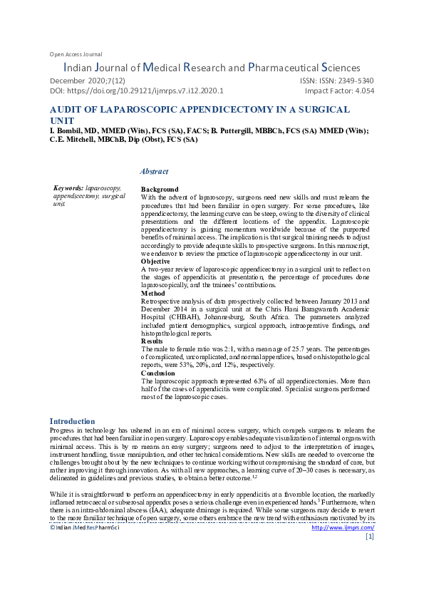 (PDF) AUDIT OF LAPAROSCOPIC APPENDICECTOMY IN A SURGICAL UNIT