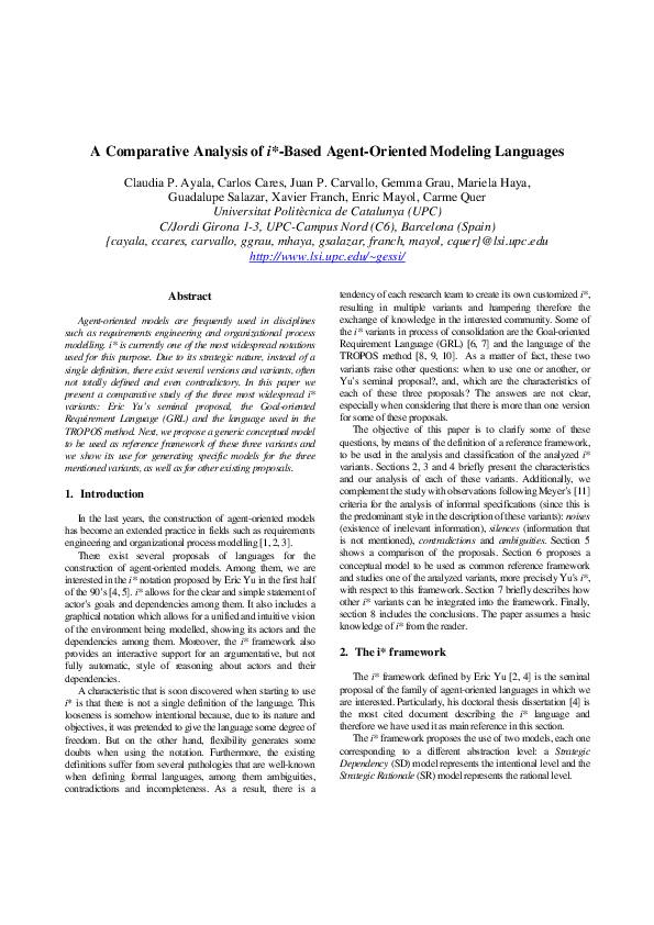 (PDF) A Comparative Analysis of i*-Based Agent-Oriented Modeling Language