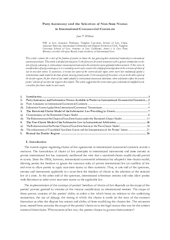 (PDF) Party Autonomy and the Selection of Non-State Norms in ...