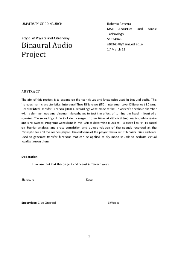 (PDF) Binaural Audio Project
