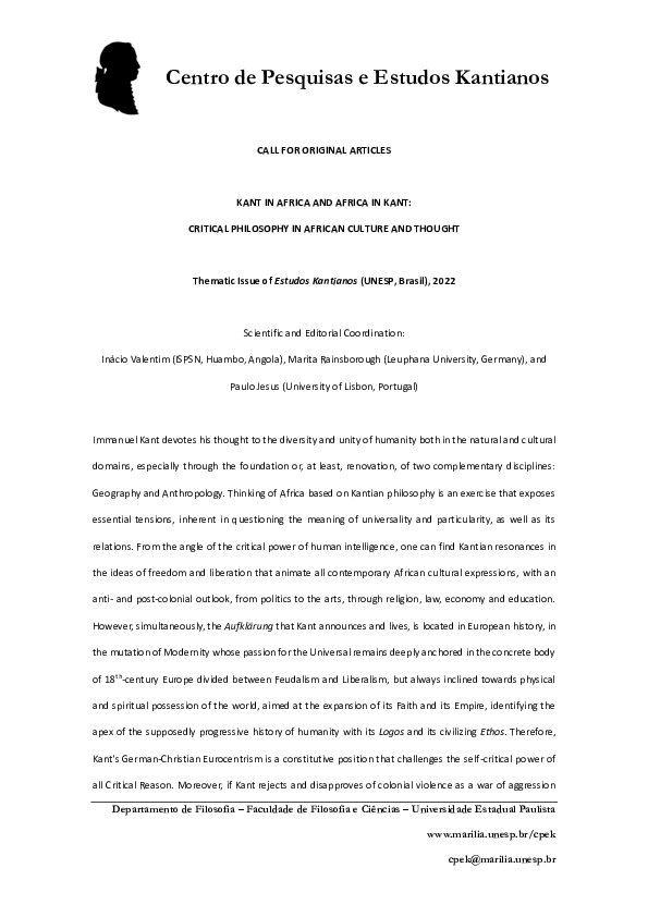 (PDF) CALL FOR ORIGINAL ARTICLES KANT IN AFRICA AND AFRICA IN KANT ...