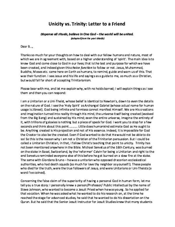 (PDF) Unicity vs. Trinity: Letter to a Friend
