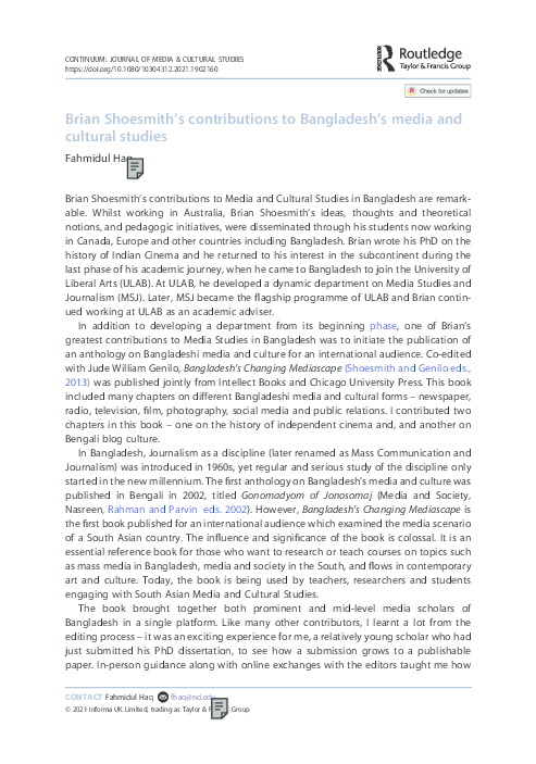 (PDF) Brian Shoesmith's contributions to Bangladesh's media and ...