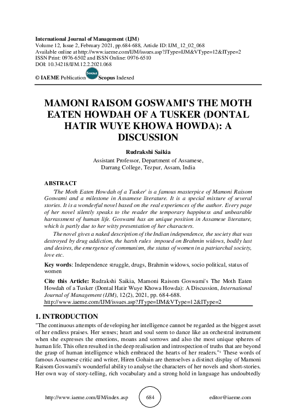(PDF) MAMONI RAISOM GOSWAMI'S THE MOTH EATEN HOWDAH OF A TUSKER (DONTAL HATIR WUYE KHOWA HOWDA ...
