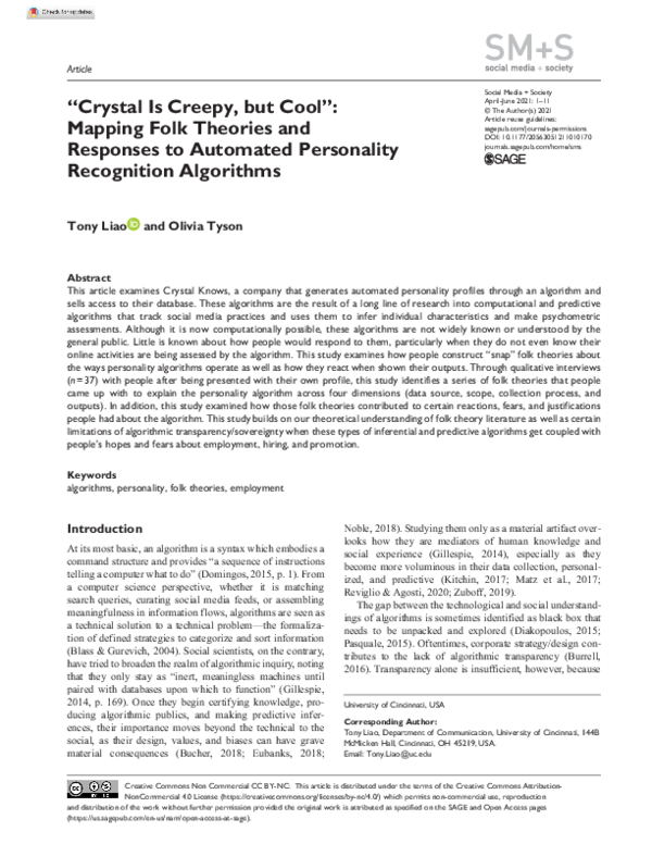(PDF) Liao, T. & Tyson, O. (2021). “Crystal Is Creepy, but Cool”: Mapping Folk Theories and ...
