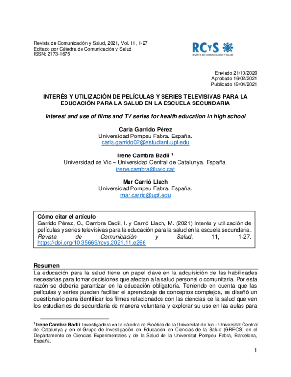 (PDF) INTERÉS Y UTILIZACIÓN DE PELÍCULAS Y SERIES TELEVISIVAS PARA LA ...