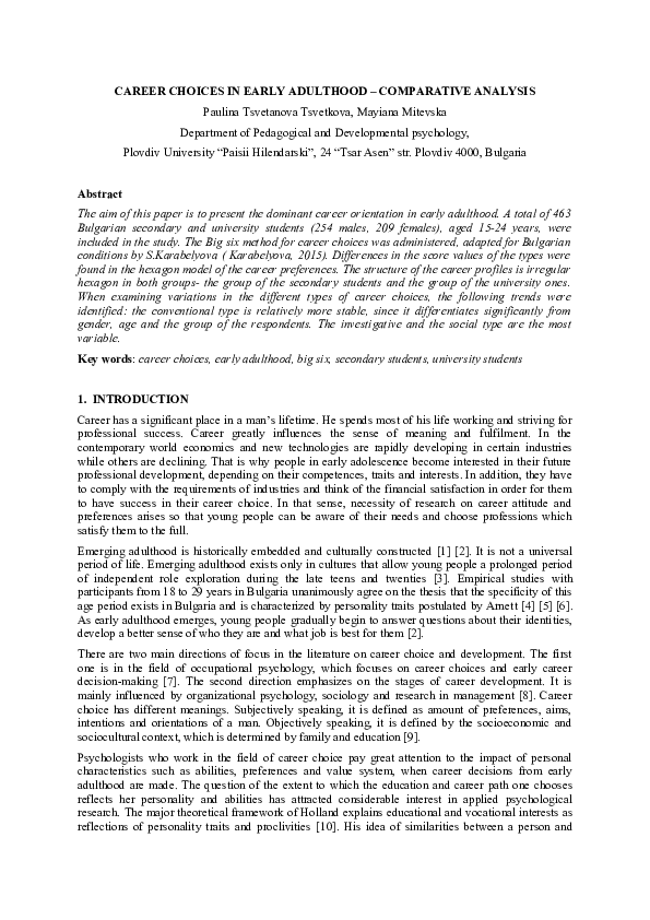 (DOC) CAREER CHOICES IN EARLY ADULTHOOD – COMPARATIVE ANALYSIS