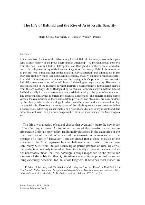 (PDF) The Life of Balthild and the Rise of Aristocratic Sanctity