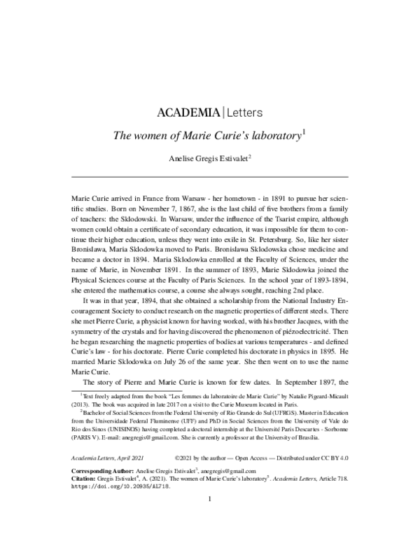 (PDF) The women of Marie Curie's laboratory\footnote{Text freely ...