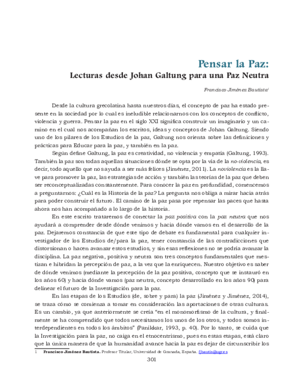 (PDF) Pensar la Paz: Lecturas desde Johan Galtung para una Paz Neutra