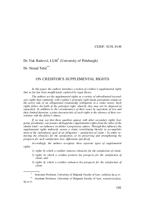 (PDF) Nenad Tesic, On creditor's supplemental rights, Annals FLB ...