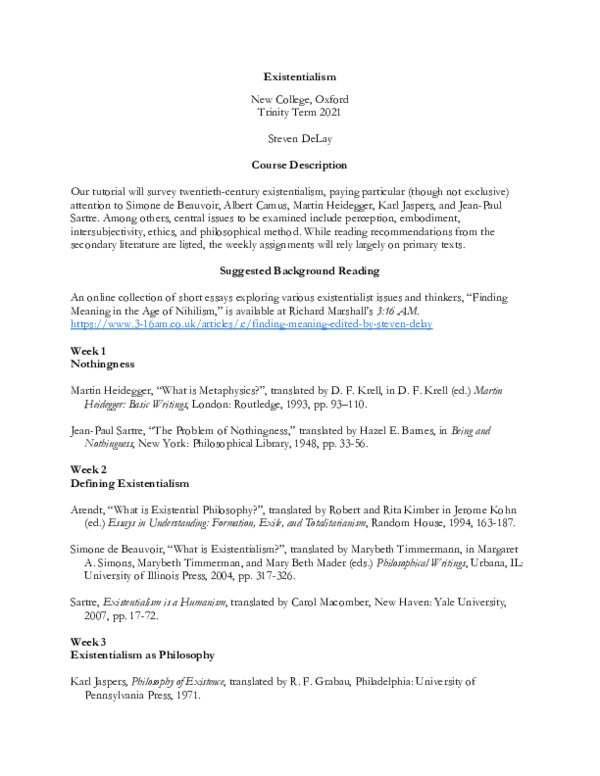 (PDF) Existentialism (Trinity Term 2021)