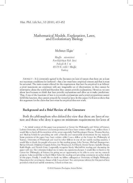 (PDF) Mathematical Models, Explanation, Laws, and Evolutionary Biology