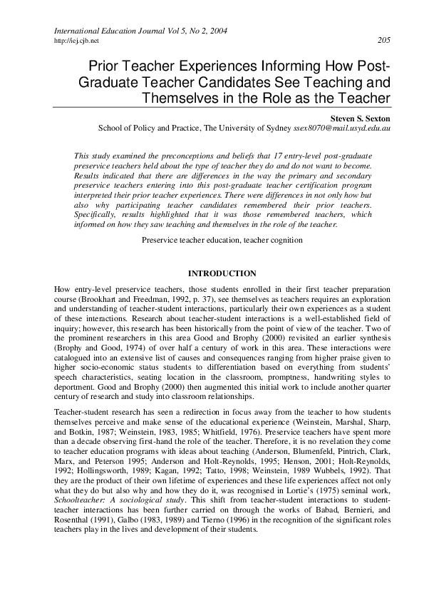 (PDF) Prior teacher experiences informing how post-graduate teacher ...