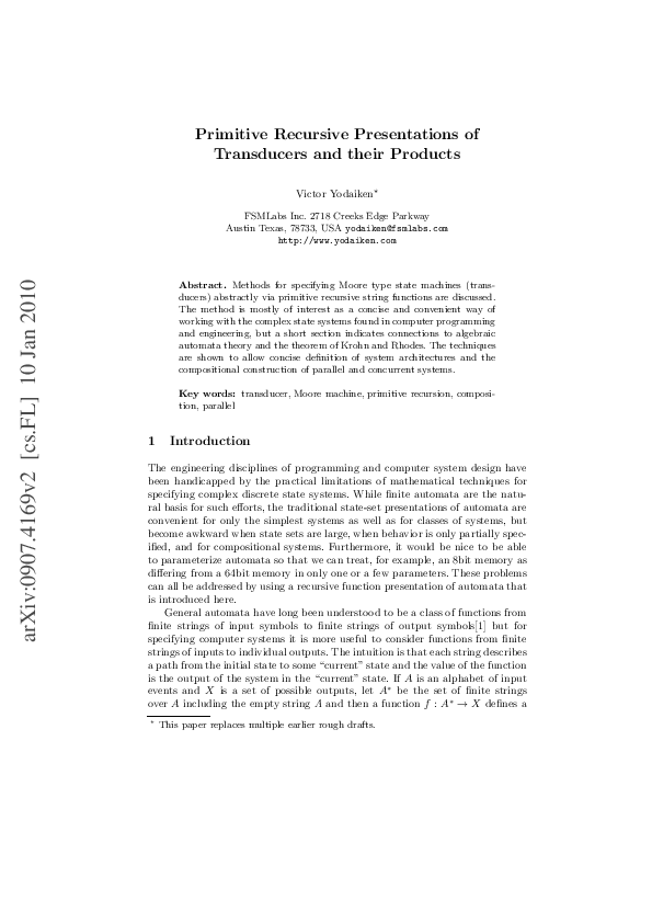 (PDF) Primitive Recursive Presentations of Automata and their Products