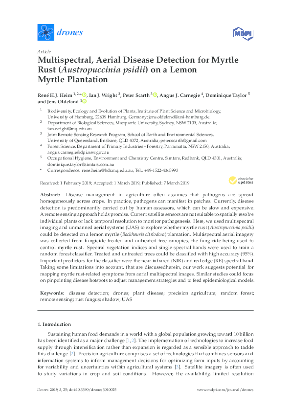 (PDF) Multispectral, Aerial Disease Detection for Myrtle Rust (Austropuccinia psidii) on a Lemon ...