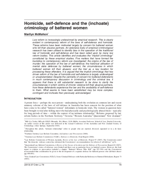(PDF) Homicide, self-defence and the (inchoate) criminology of battered ...