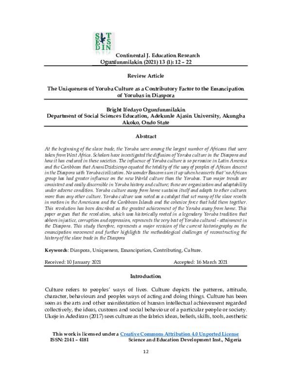 (PDF) The Uniqueness of Yoruba Culture as a Contributory Factor to the ...