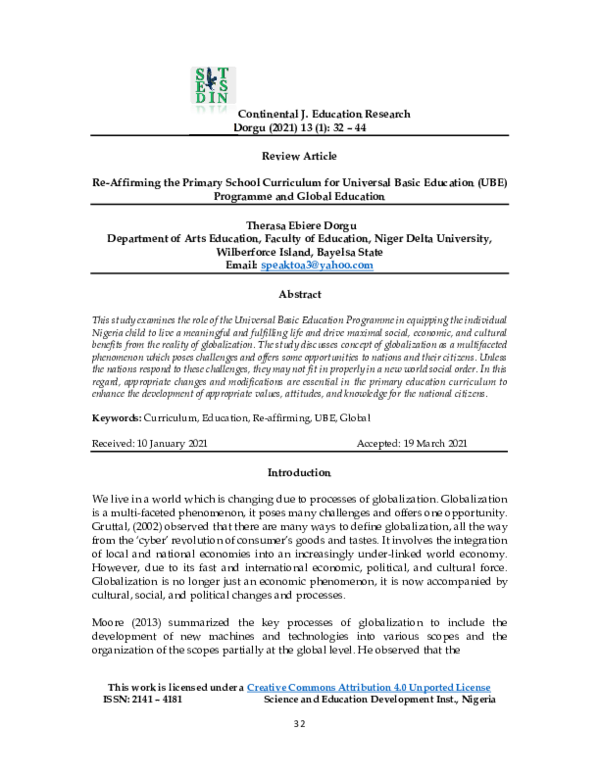 (PDF) Re-Affirming the Primary School Curriculum for Universal Basic ...