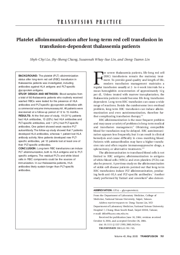(PDF) Platelet alloimmunization after long-term red cell transfusion in ...