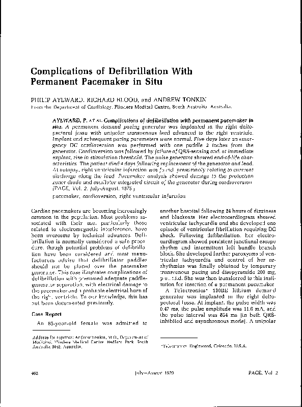(PDF) Complications of Defibrillation With Permanent Pacemaker in Situ