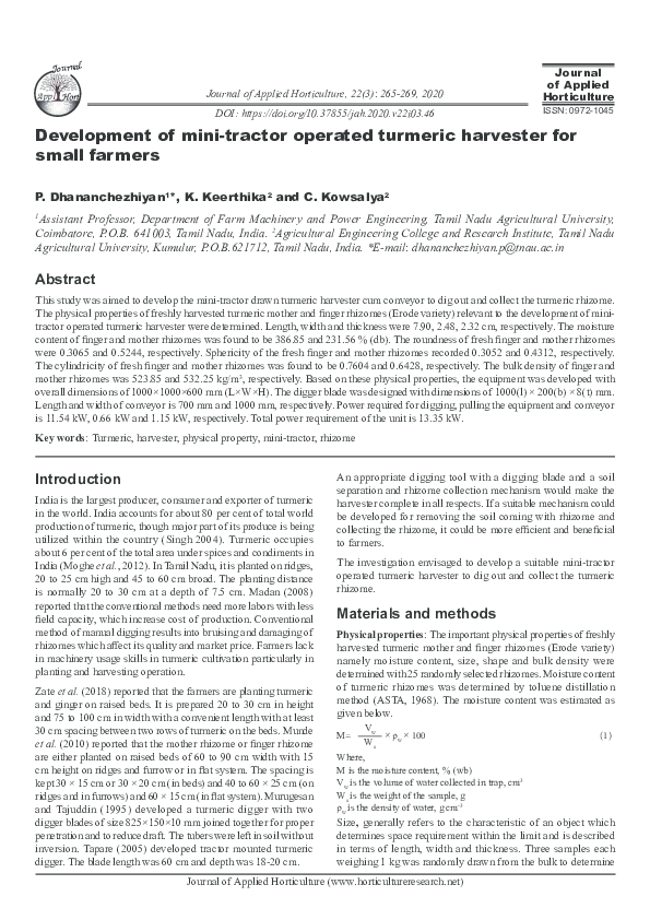 (PDF) Development of mini-tractor operated turmeric harvester for small ...