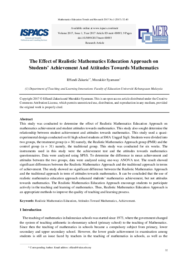 (PDF) The Effect of Realistic Mathematics Education Approach on ...