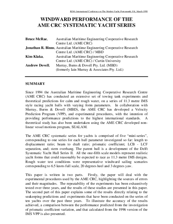 (PDF) Windward Performance of the Ame CRC Systematic Yacht Series