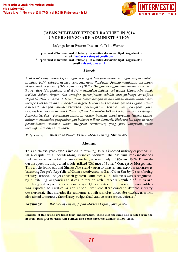 (PDF) Japan Military Export Ban Lift in 2014 Under Shinzo Abe ...
