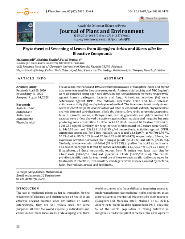 (PDF) Phytochemical Screening of Leaves from Mangifera indica and Morus alba for Bioactive Compounds