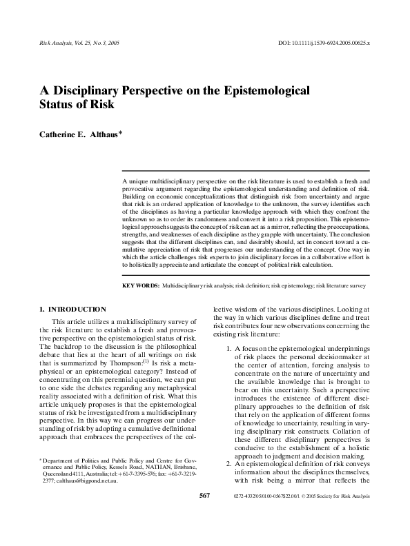 (PDF) A Disciplinary Perspective on the Epistemological Status of Risk