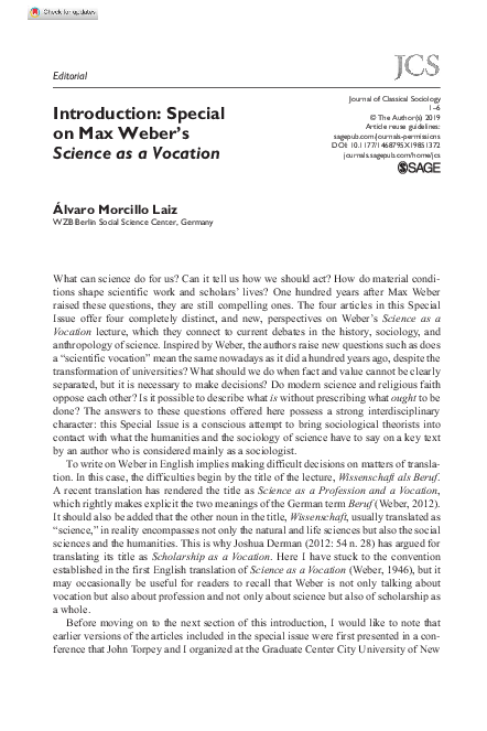(PDF) Introduction: Special on Max Weber’s Science as a Vocation
