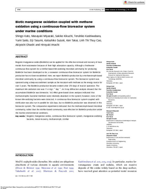(PDF) Biotic manganese oxidation coupled with methane oxidation using a ...