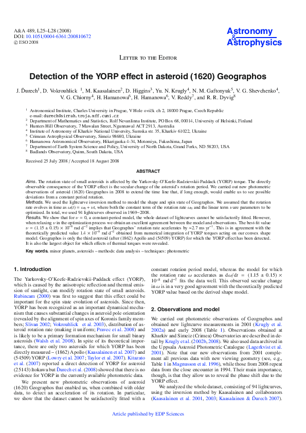 (PDF) Detection of the YORP effect in asteroid (1620) Geographos