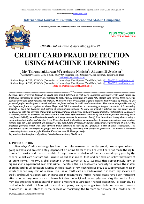 (PDF) CREDIT CARD FRAUD DETECTION USING MACHINE LEARNING﻿