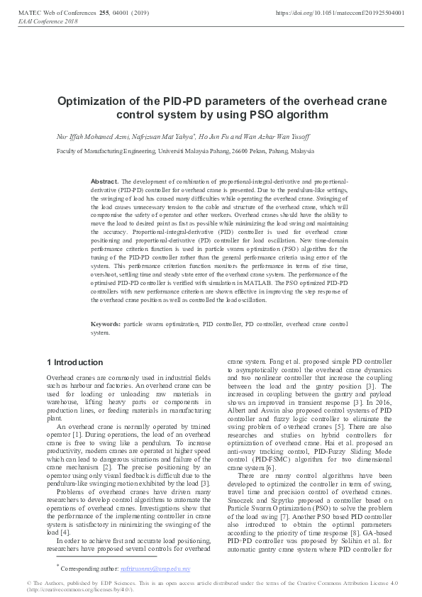 (PDF) Optimization of the PID-PD parameters of the overhead crane control system by using PSO ...