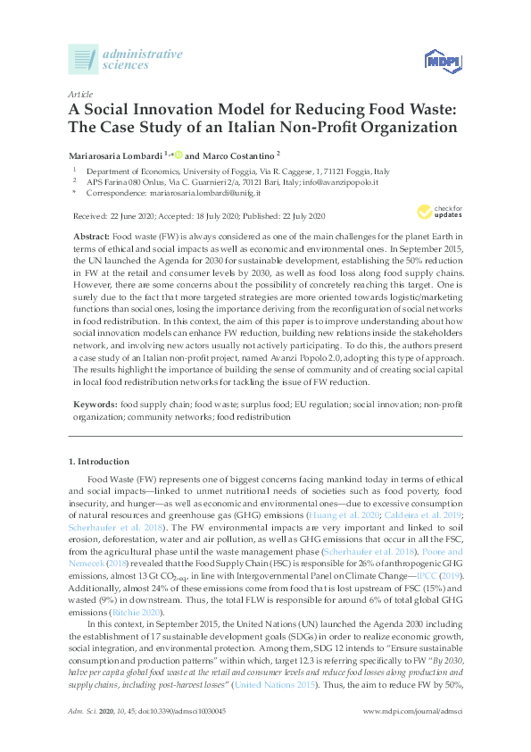 (PDF) A Social Innovation Model for Reducing Food Waste: The Case Study ...