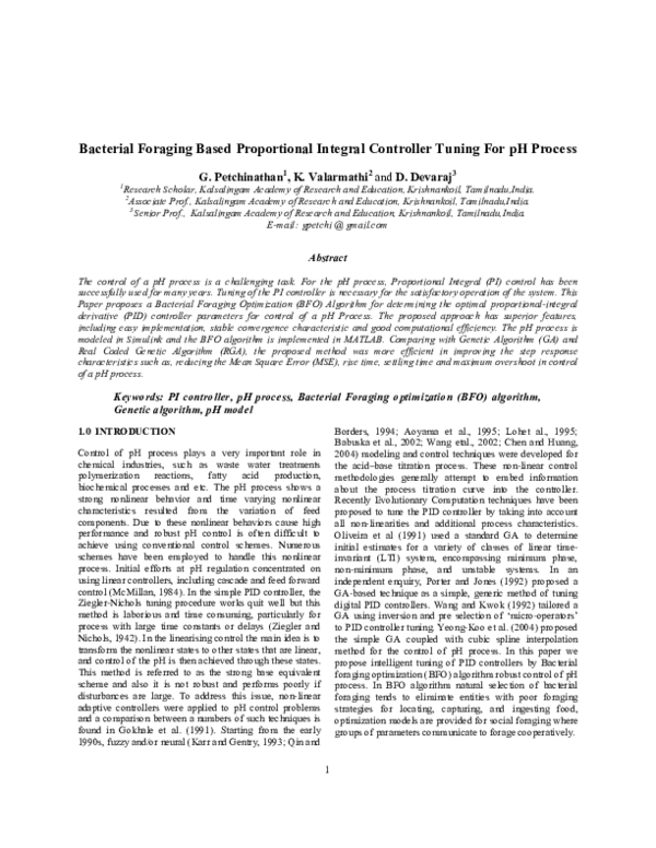 Pdf Bacterial Foraging Based Proportional Integral Controller Tuning For Ph Process 
