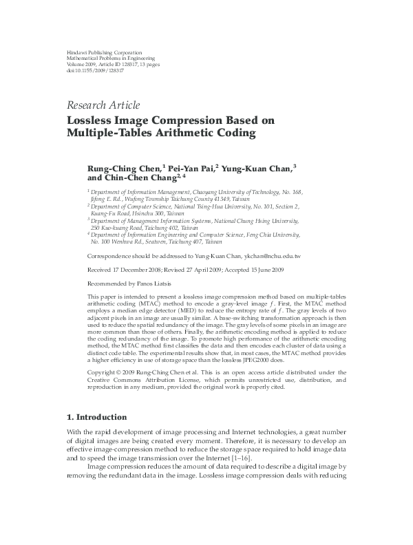 (PDF) Lossless Image Compression Based on Multiple-Tables Arithmetic Coding