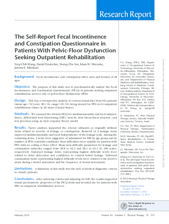 (PDF) The Self-Report Fecal Incontinence and Constipation Questionnaire ...
