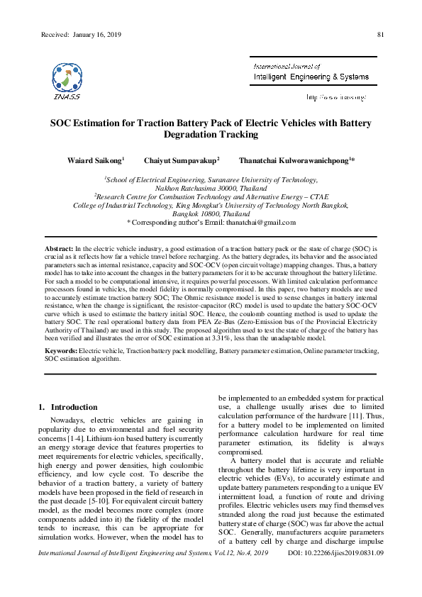 Pdf Soc Estimation For Traction Battery Pack Of Electric Vehicles With Battery Degradation